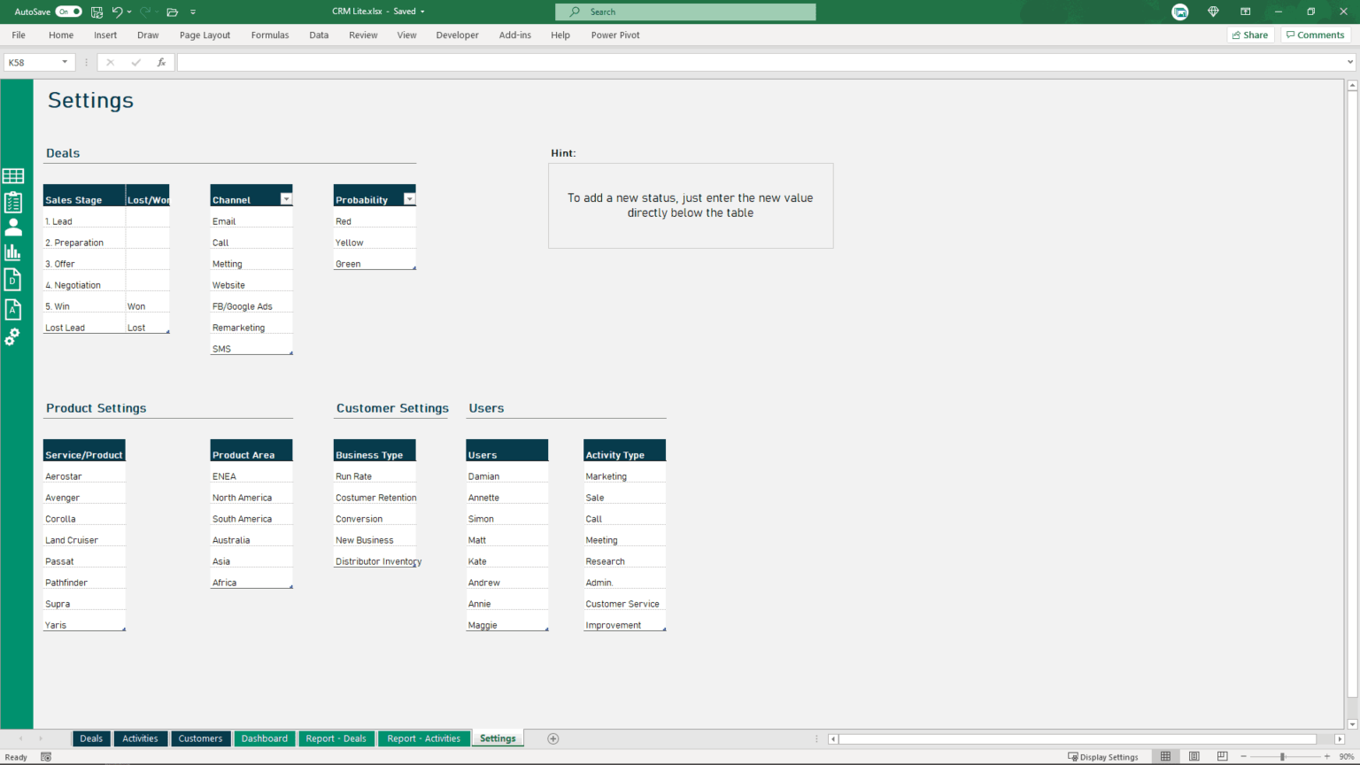 Excel CRM Spreadsheet - Customer Relationship Management