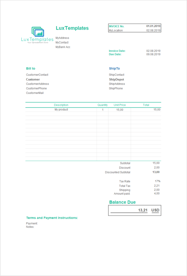 Invoice Templates for Excel - LuxTemplates modern design