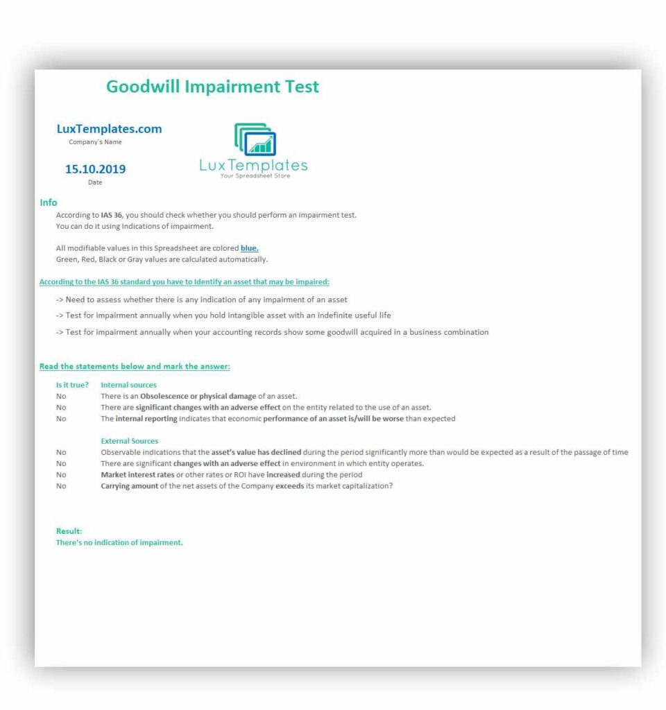 Goodwill Impairment Test - Excel Spreadsheet | LuxTemplates