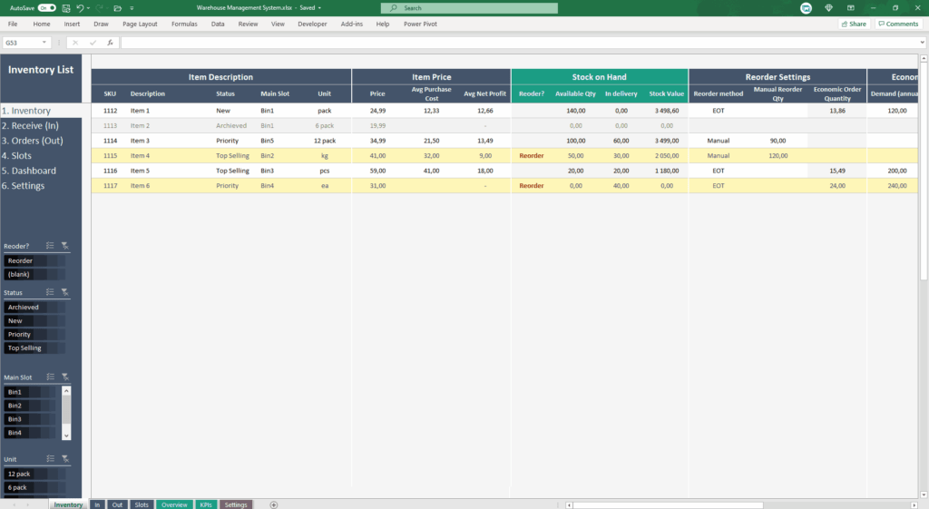 Warehouse Inventory Management - Excel Spreadsheet for Professionals