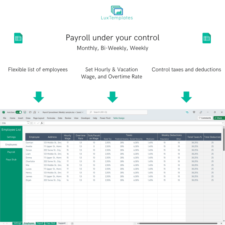 Excel Payroll Calculator with Pay Stubs (Weekly & Monthly)