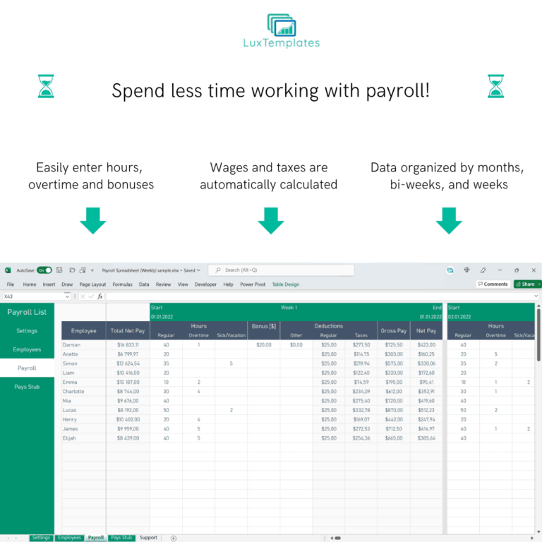 Excel Payroll Calculator with Pay Stubs (Weekly & Monthly)