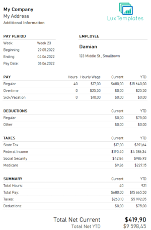 Excel Payroll Calculator with Pay Stubs (Weekly & Monthly)